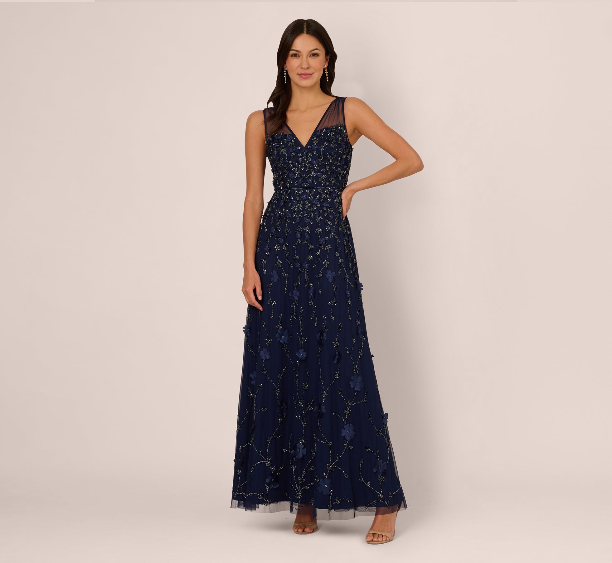 ADRIANNA PAPELL Sleeveless Illusion 3D Petal Beaded Gown